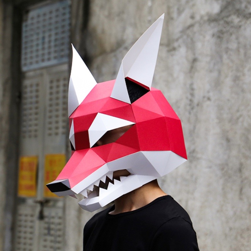 Zvířecí maska 3D papírová, vlk arktický, skládací, kreativní, origami